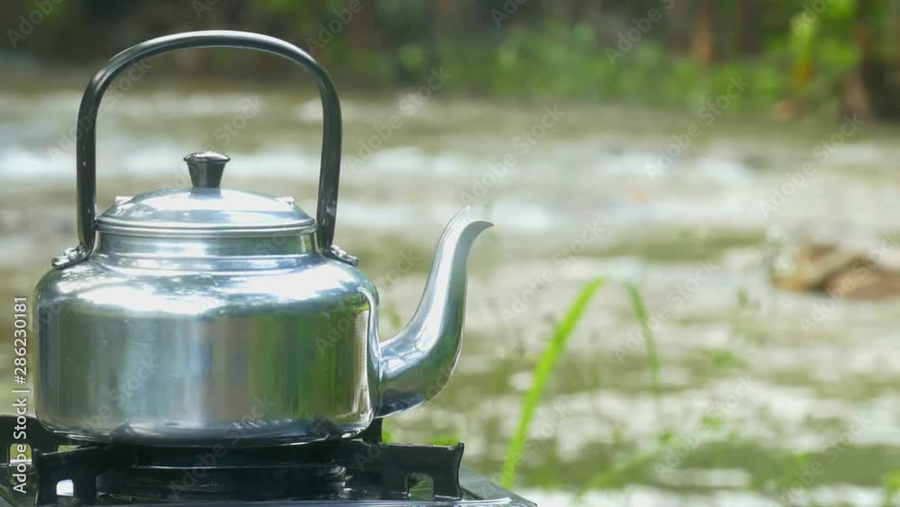 Boiling water in a kettle on the gas stove Stock Video | Adobe Stock