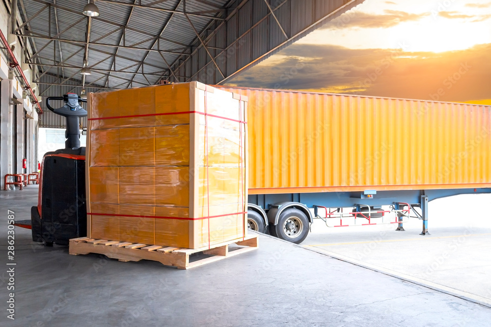 Package Boxes Wrapped Plastic Film on Pallets Loading with Shipping ...