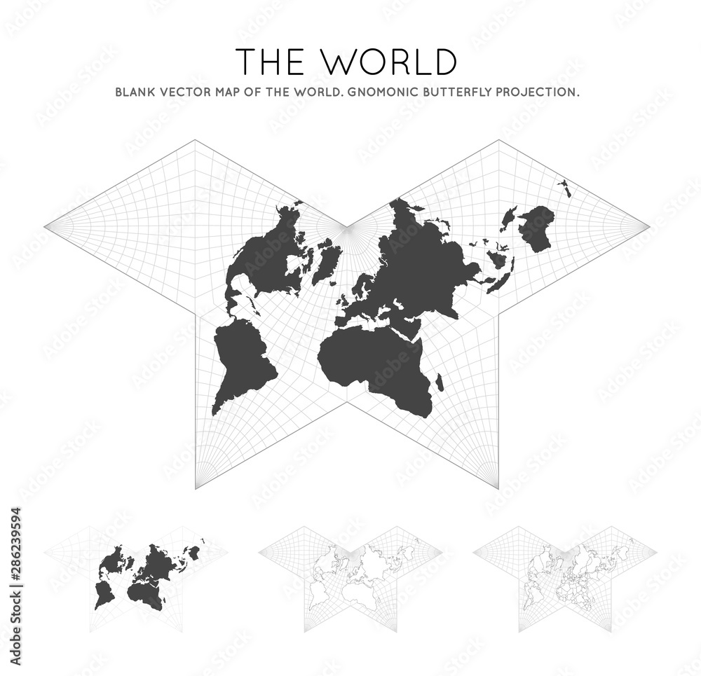 Map of The World. Gnomonic butterfly projection. Globe with latitude ...