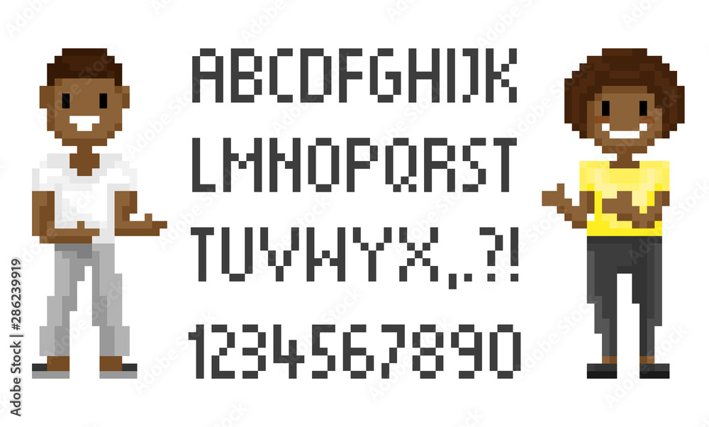 Pixelated characters, abc with numbers, question and exclamation mark ...