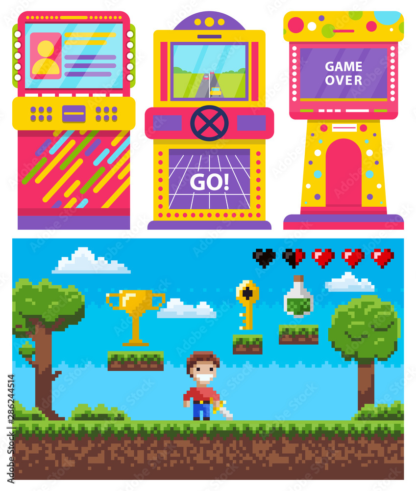 Game machine set, monitor of go or over game. Screen of pixel video ...