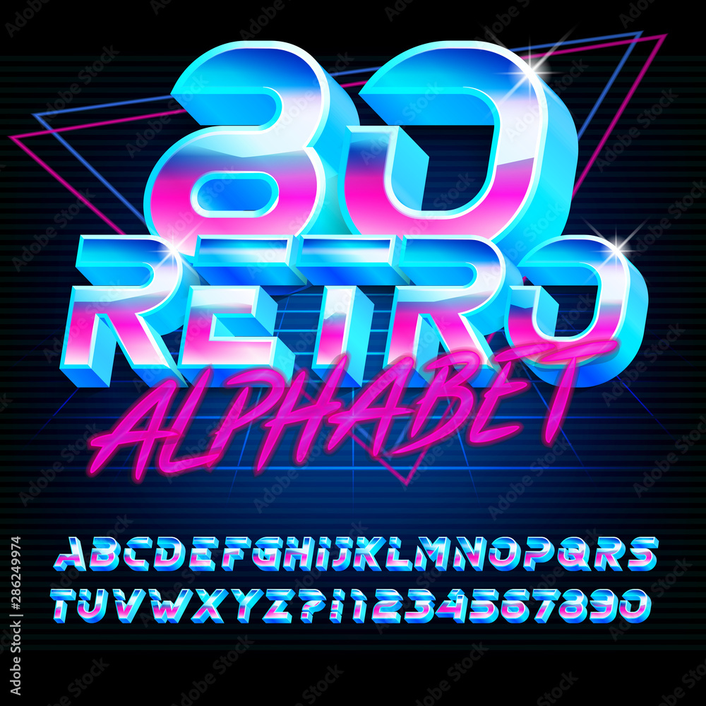 80 Retro alphabet font. Shiny 3D letters and numbers on dark background ...