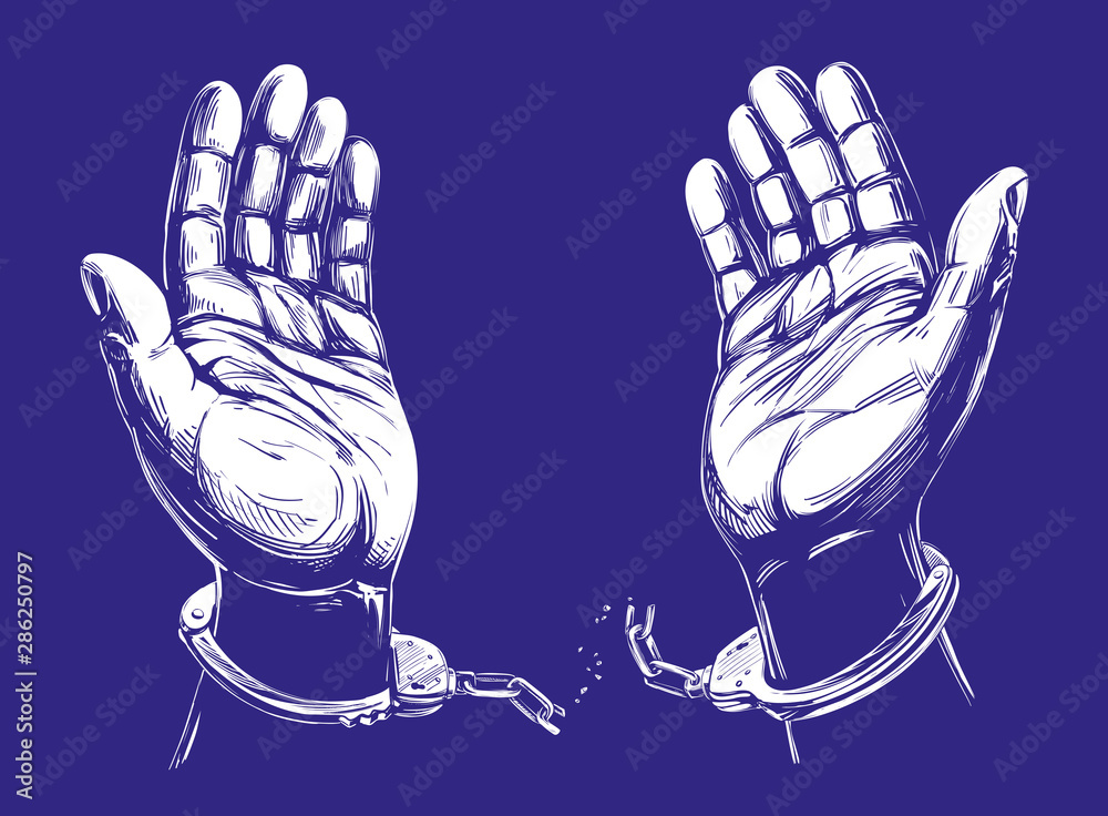 hands break the chain handcuffs, a symbol of freedom and forgiveness ...