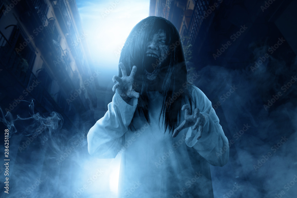 Scary ghost woman with blood and angry face with clawing hands haunted ...