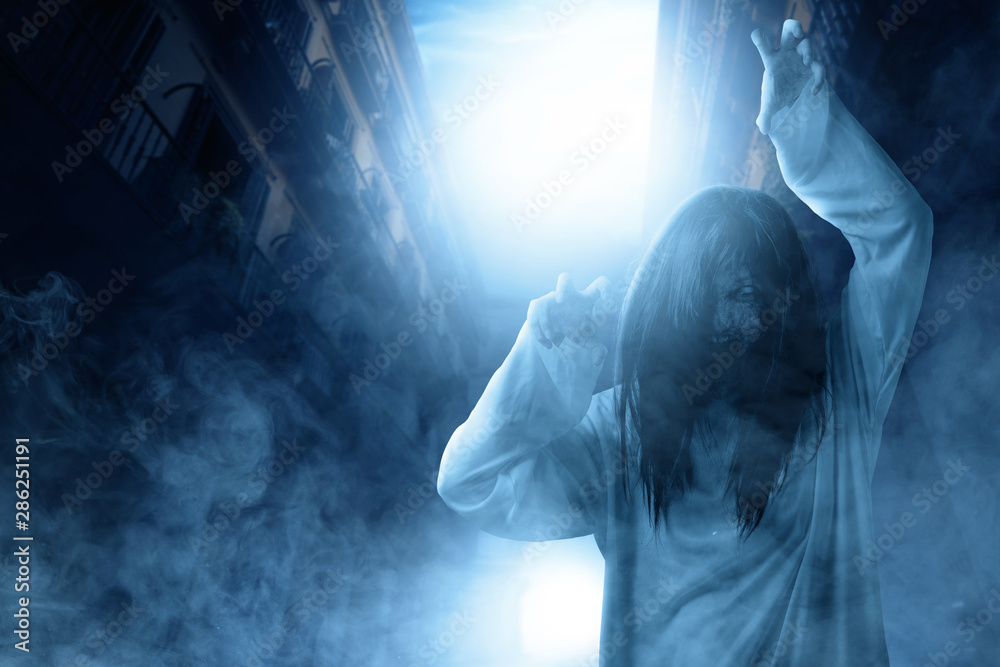 Scary ghost woman with blood and angry face with clawing hands haunted ...