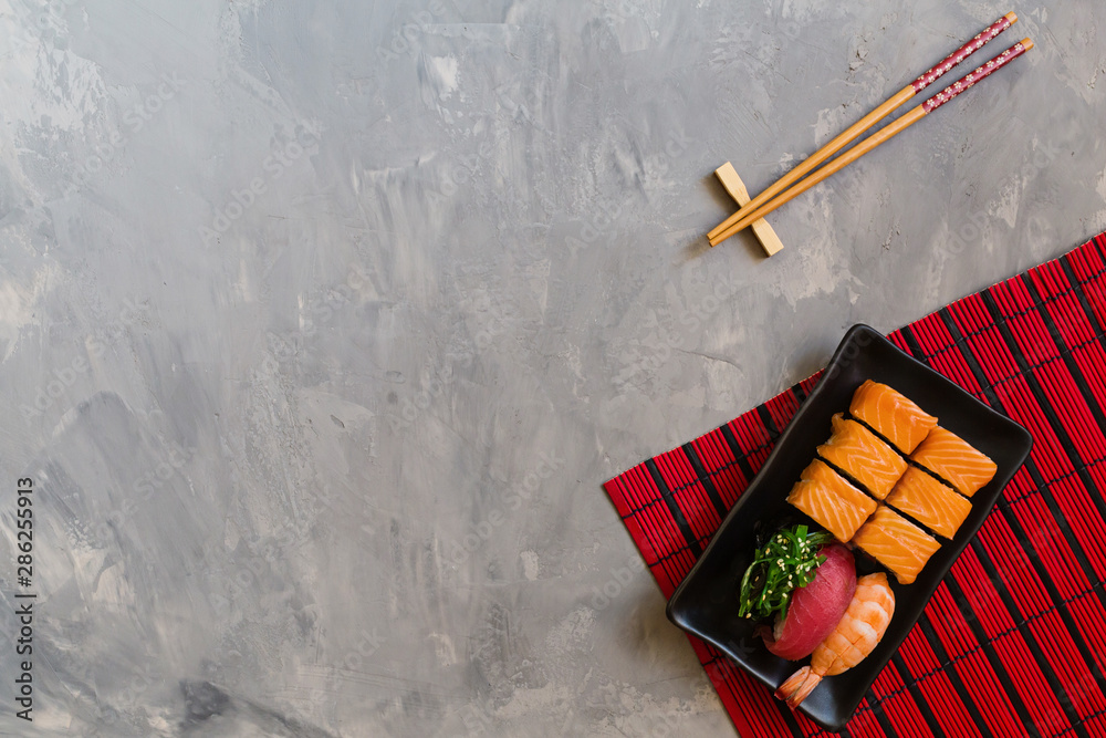 Top view on traditional japanese empty with sushi, ginger, soy sauce ...