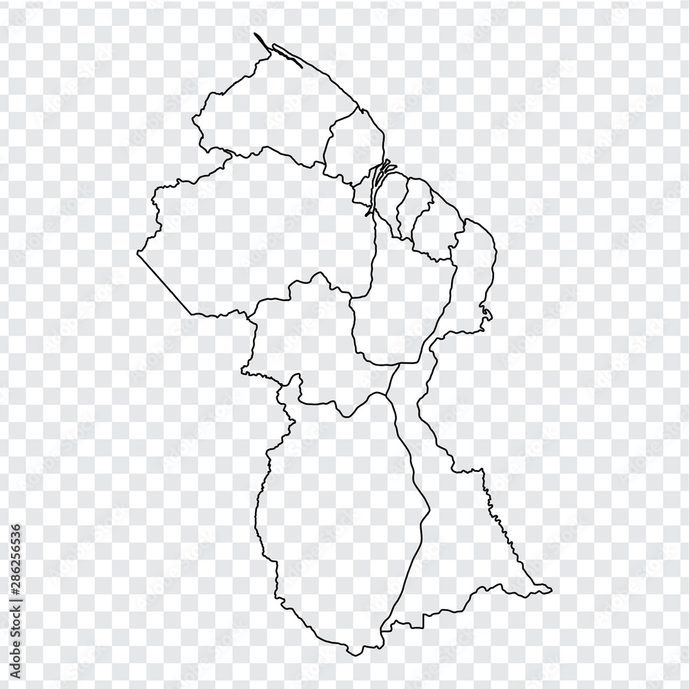 Blank map Guyana. High quality map of Guyana with provinces on transparent background for your ...
