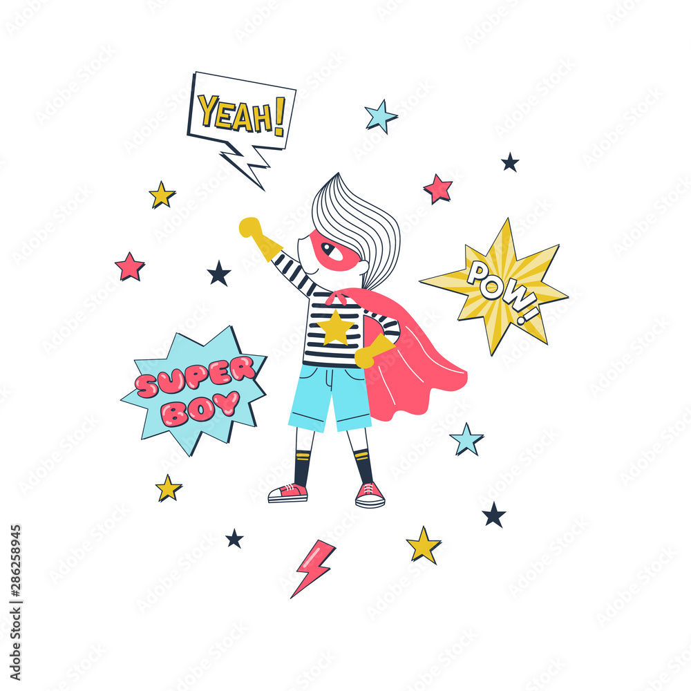 Little kid in hero costume vector illustration. Brave super boy in mask ...