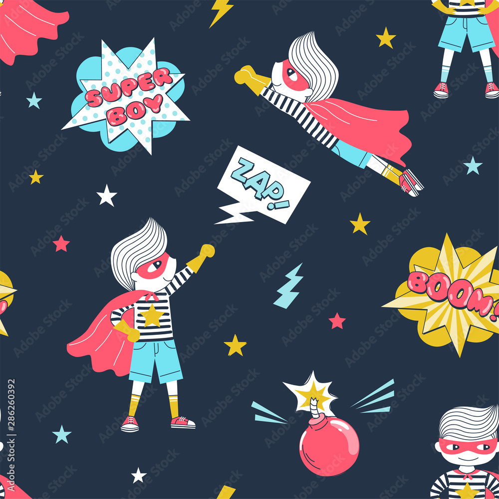 Superhero children cartoon vector seamless pattern. Comic book action ...