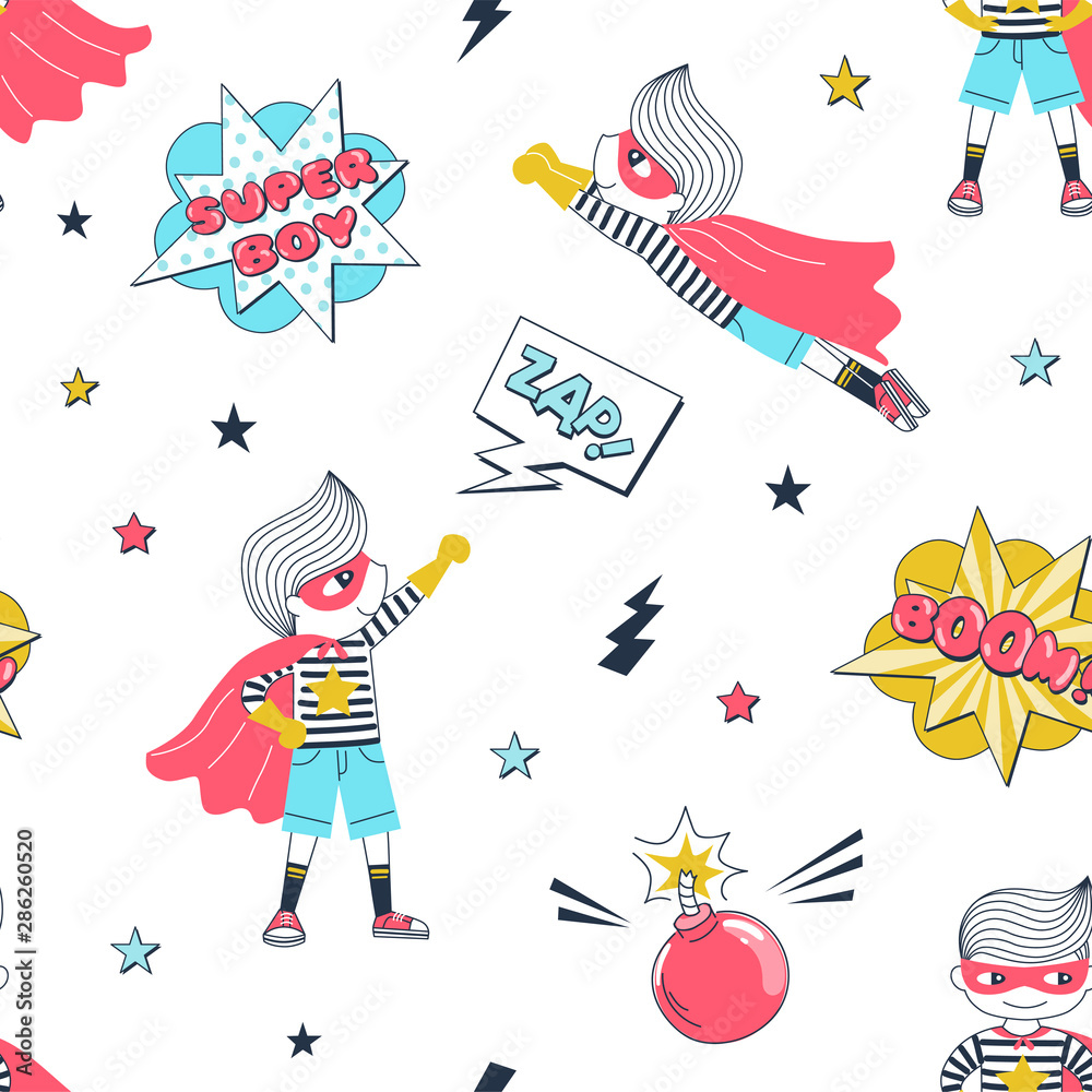 Superhero children cartoon vector seamless pattern. Comic book action ...