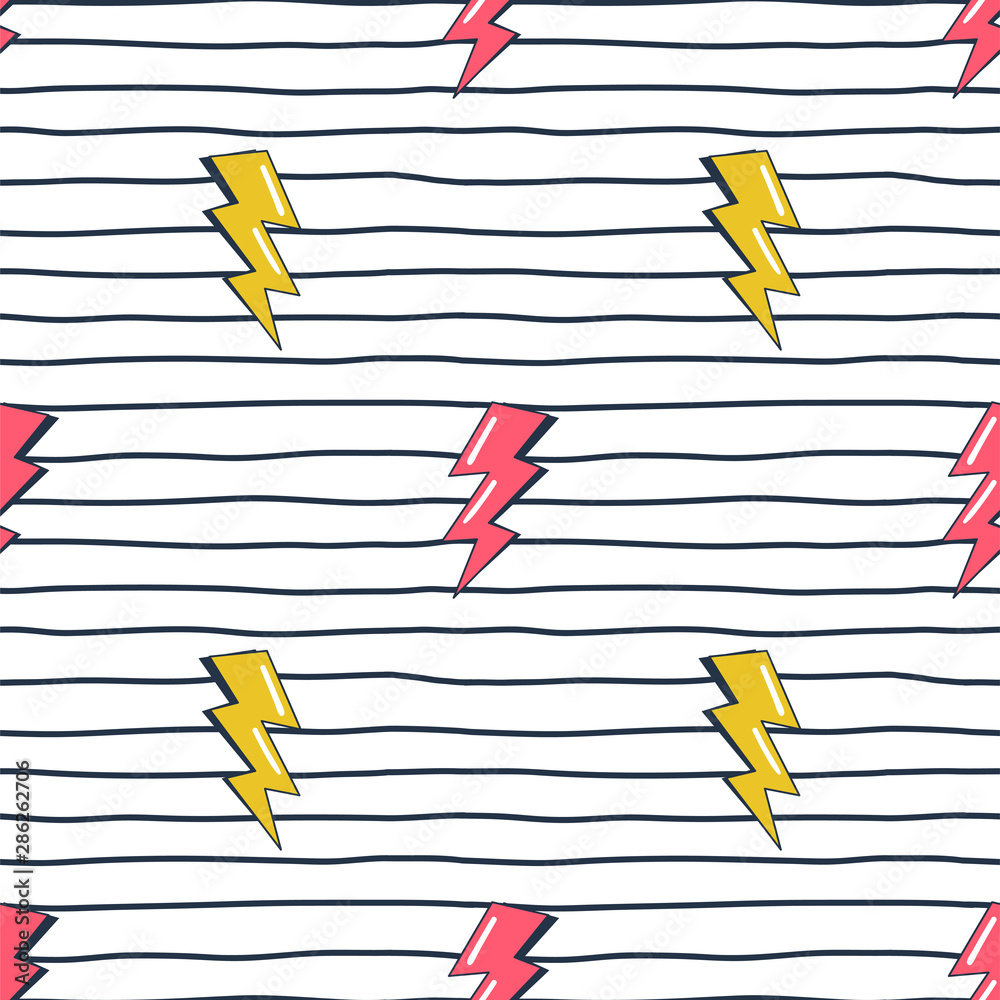 Vetor de Lightning bolts and stripes seamless pattern. Children comic ...