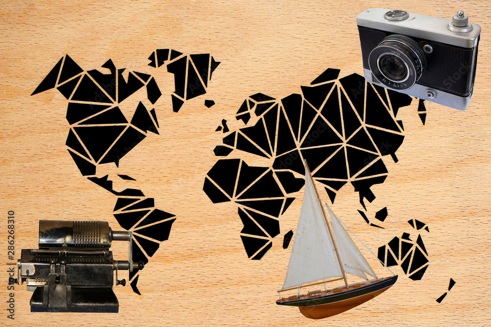 Wooden World Map Black Cubist Continents and Historical Camera Ship And ...
