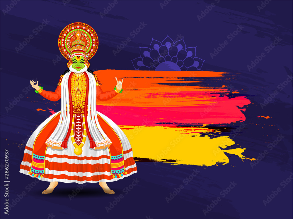 Illustration of Kathakali dancer on abstract brush stroke background ...