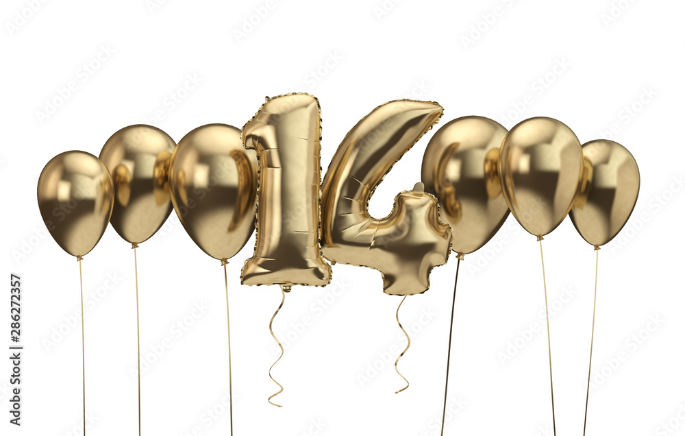 14th birthday gold balloon background. Happy Birthday. 3D Rendering ...