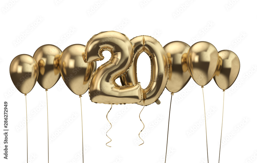 20th birthday gold balloon background. Happy Birthday. 3D Rendering ...