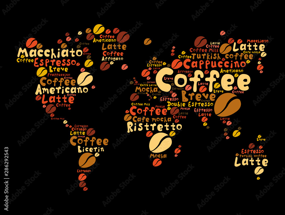 Coffee drinks word cloud in shape of World Map, concept background ...