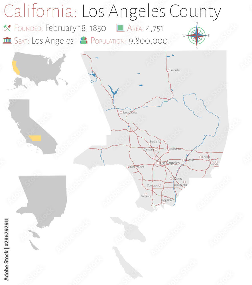 Large and detailed map of Los Angeles county in California, USA Stock ...