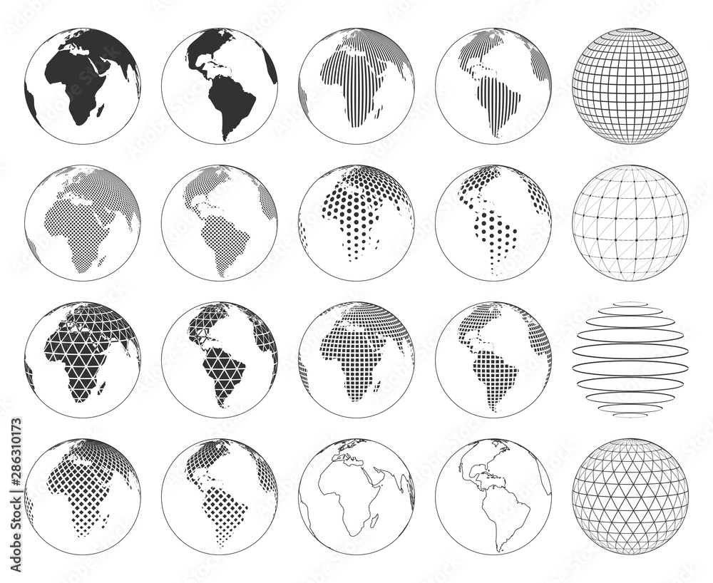 Set of various three-dimensional abstract earth models. Collection of ...