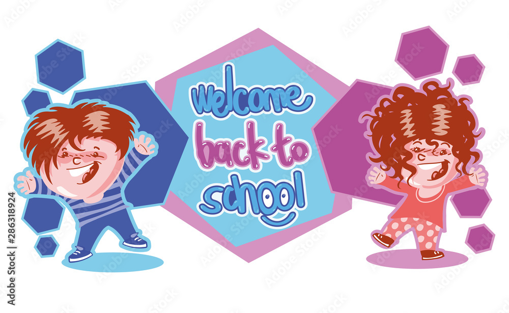 welcome back to school, happy kids with text. cartoon style vector ...