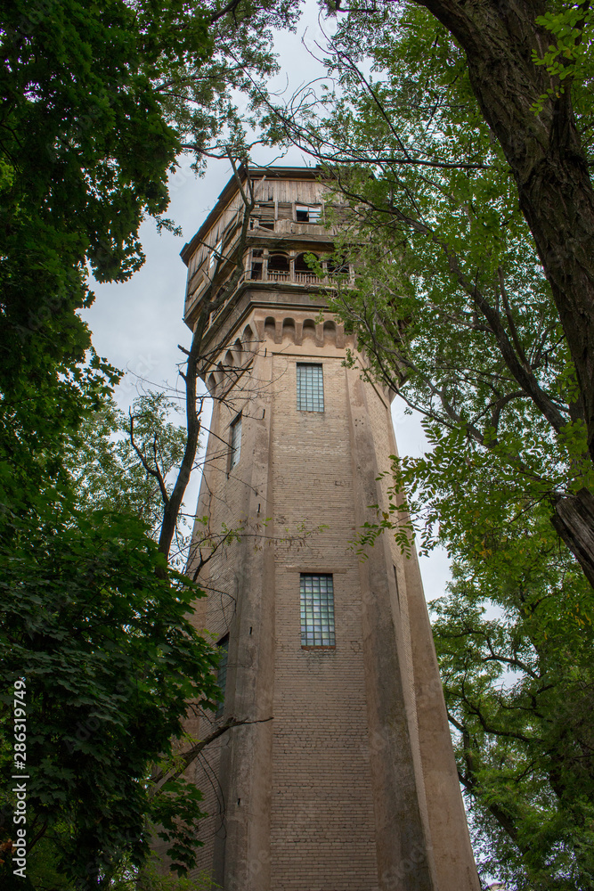 Abandoned tower in forest. Old wooden and brick building. Vintage ...
