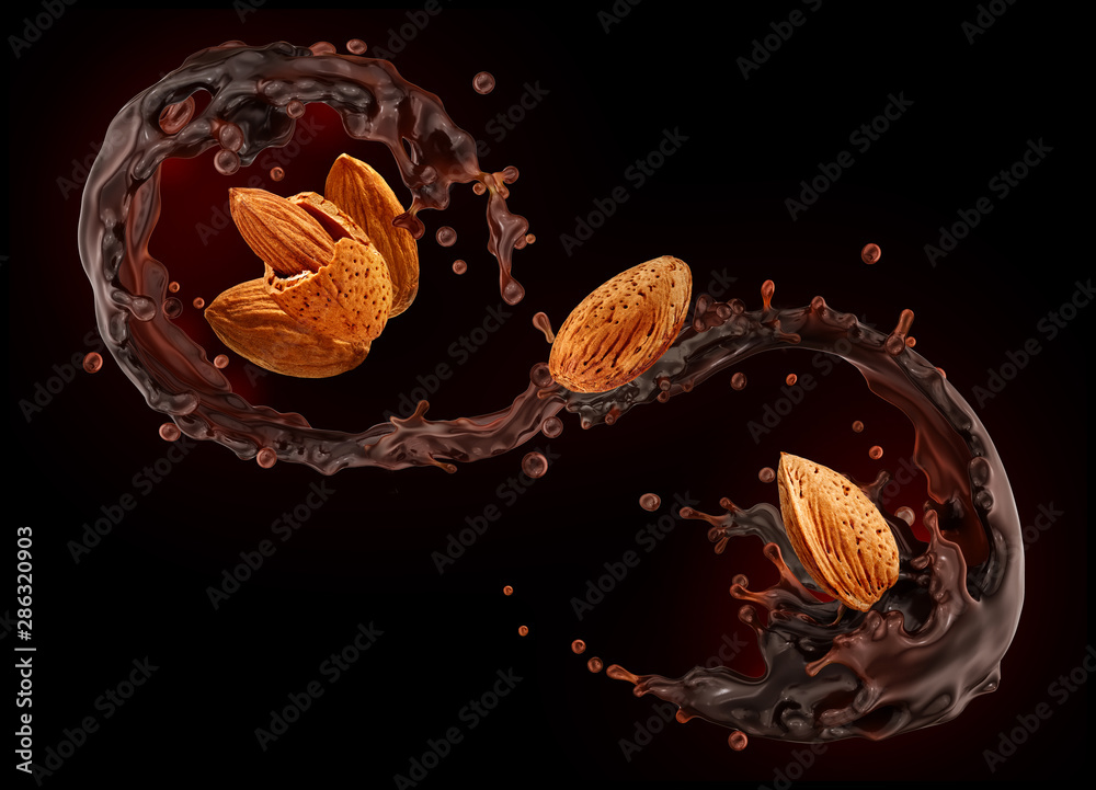 Melted liquid dark chocolate or chocolate sauce swirl 3D splash ...