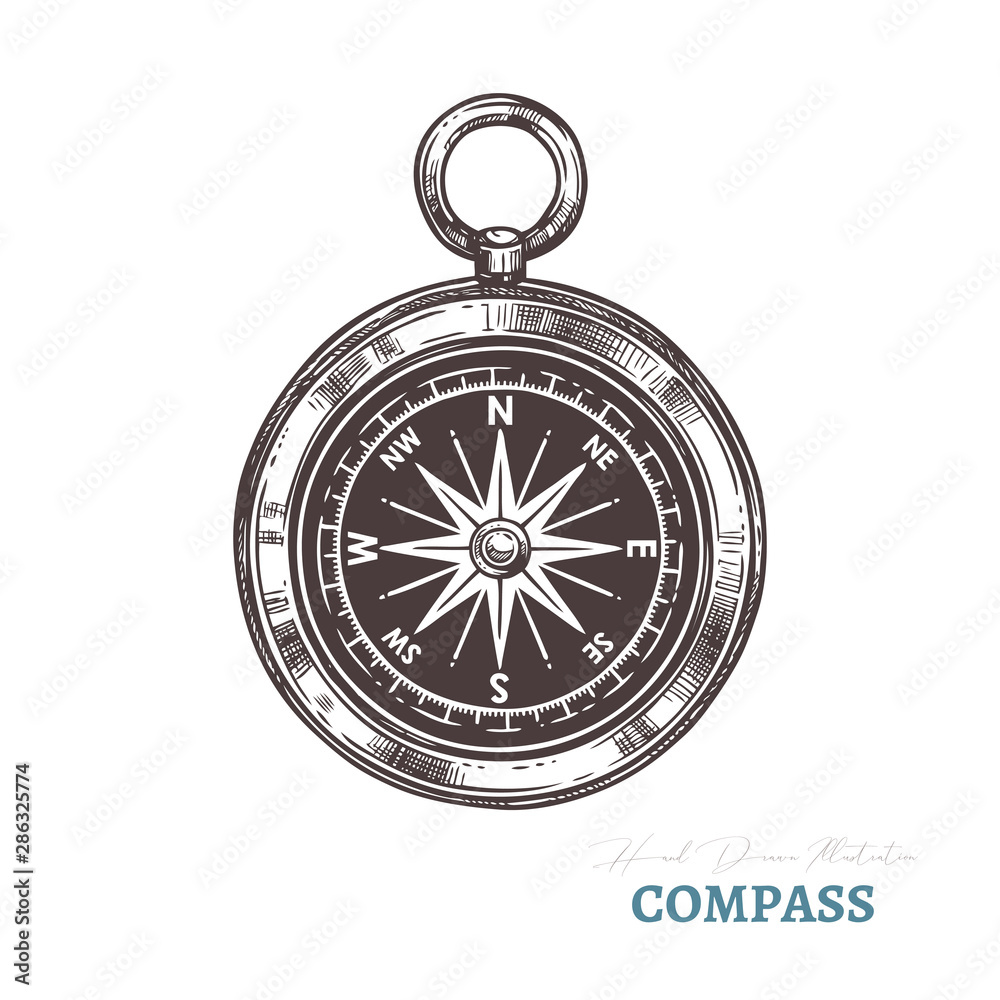 Hand drawn compass. Isolated vector illustration in sketch engraving ...