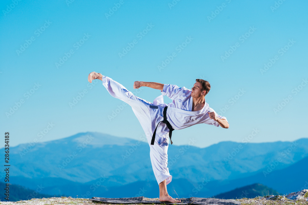 Karate man in a kimono performs a side leg-foot kick(Mae-geri) while ...