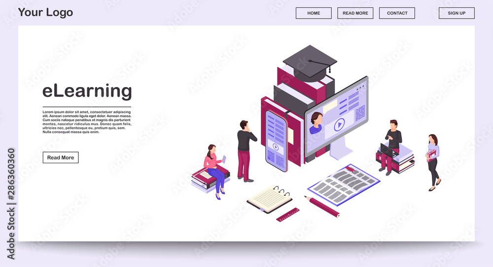 E learning webpage vector template with isometric illustration Stock ...