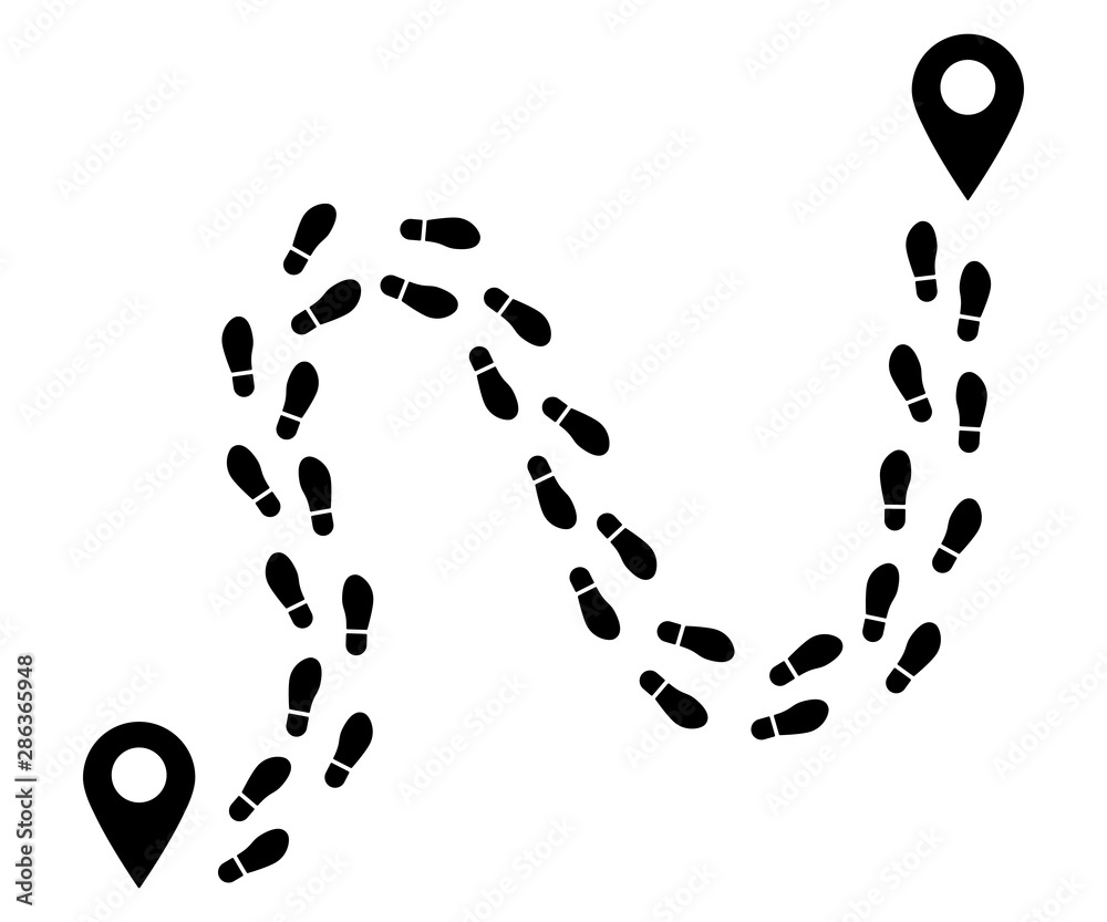 Uneven trajectory with turns of human footprints. Transition, route ...