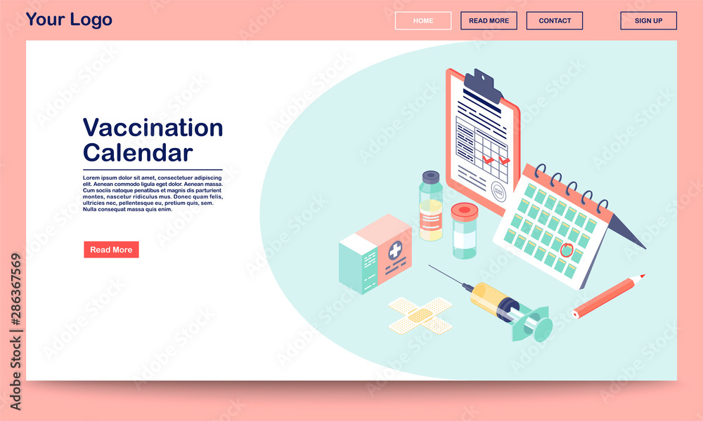 Vaccination calendar webpage vector template with isometric ...