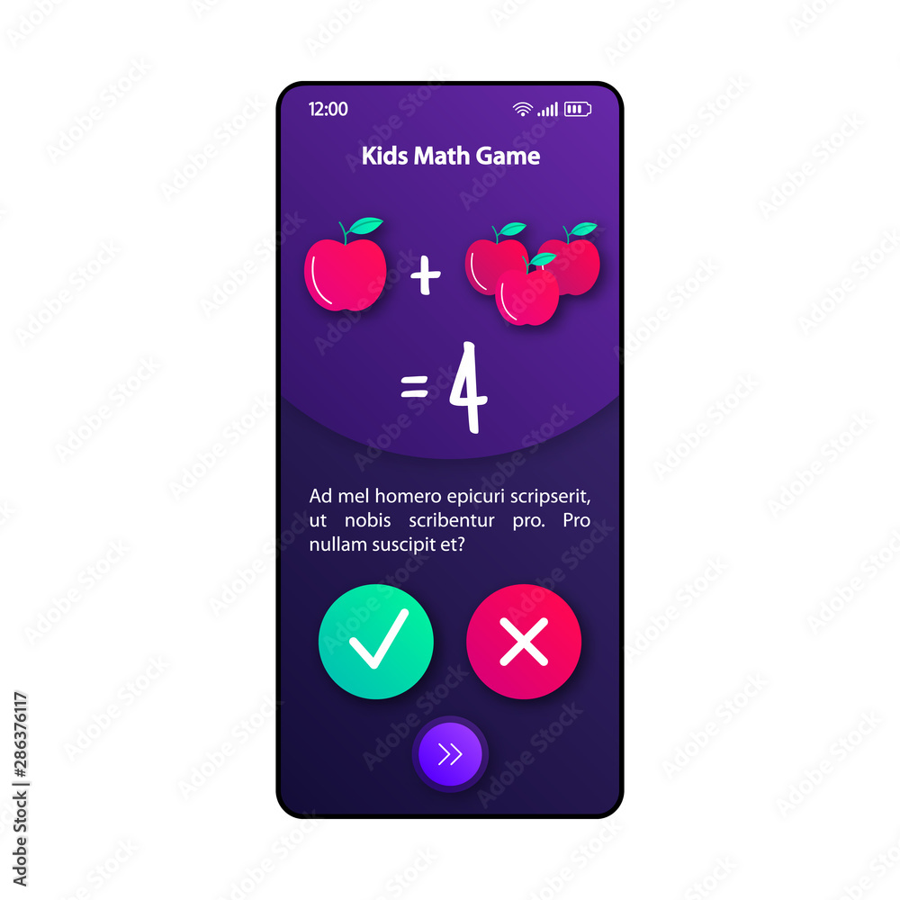 Maths for kids smartphone interface vector template. Mobile app page ...