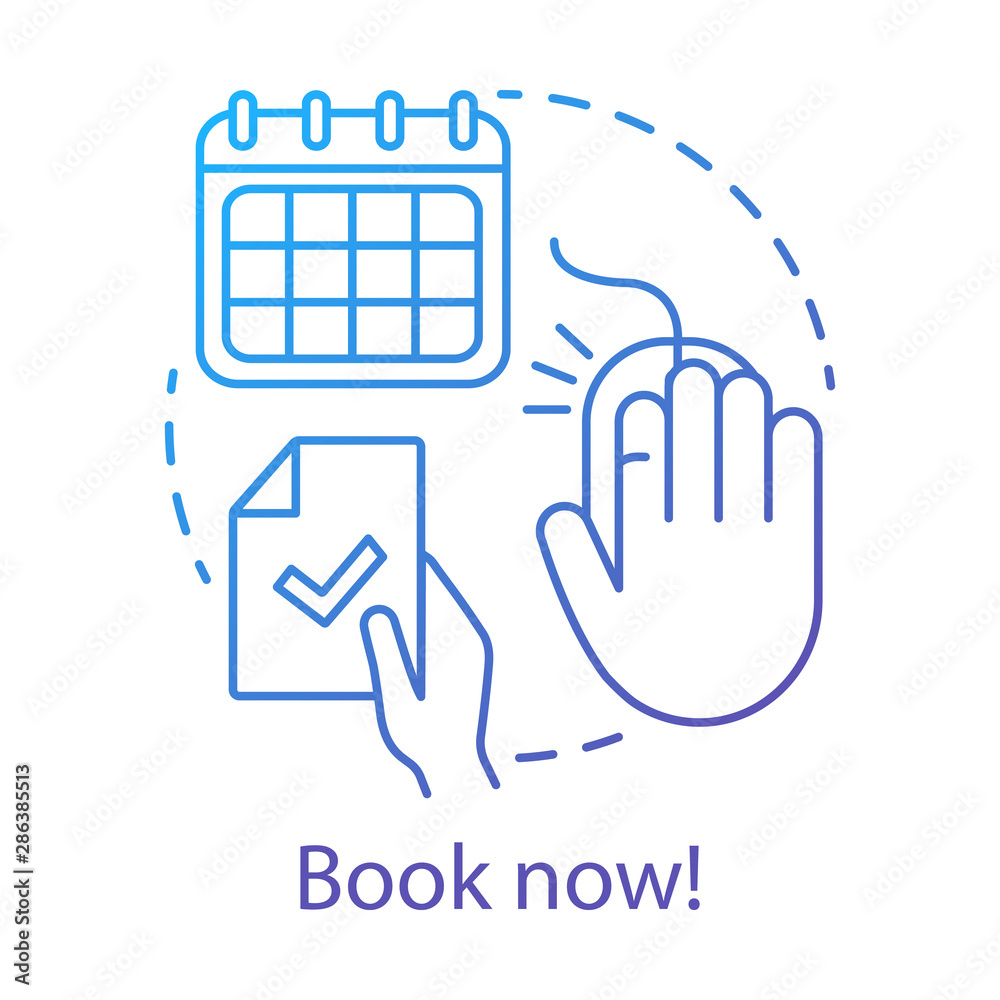 Book now concept icon. Holiday resort, interest club online booking ...