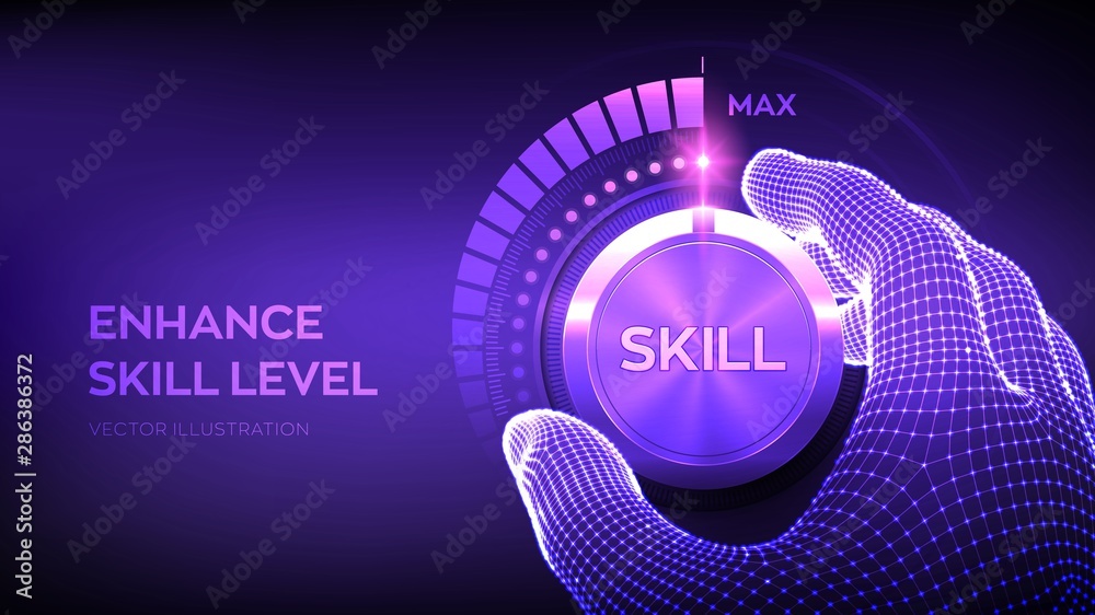 Skill levels knob button. Increasing Skills Level. Wireframe hand ...