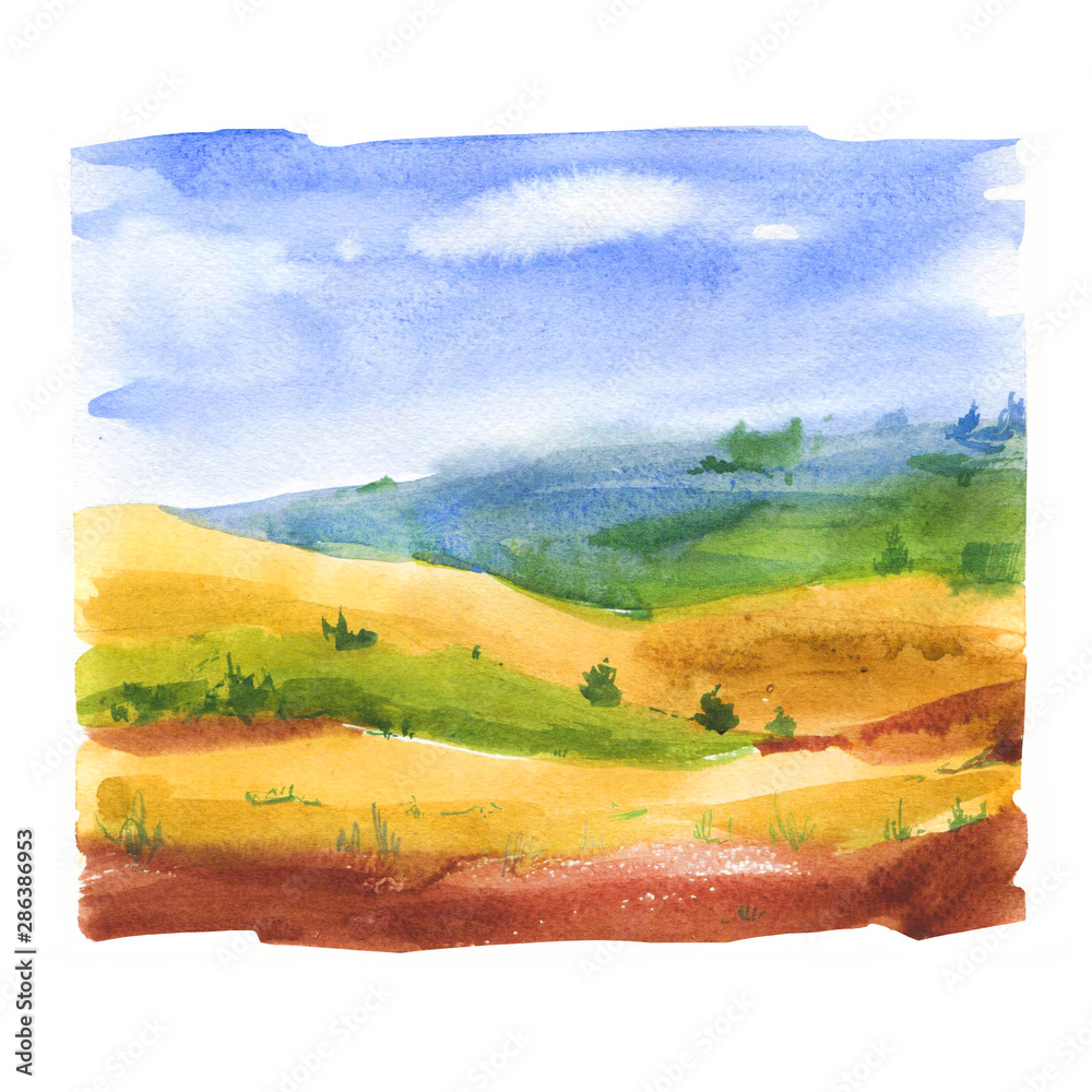 Watercolor illustration with landscape field. Nature background ...