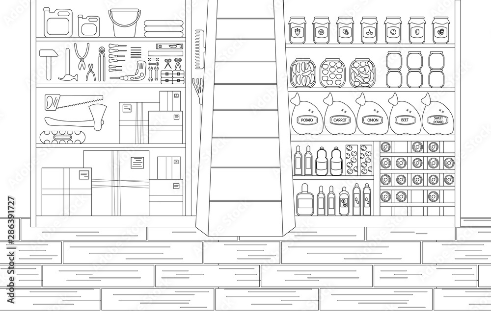 Vector Illustration of Storeroom in Outline Style. Working Place with ...