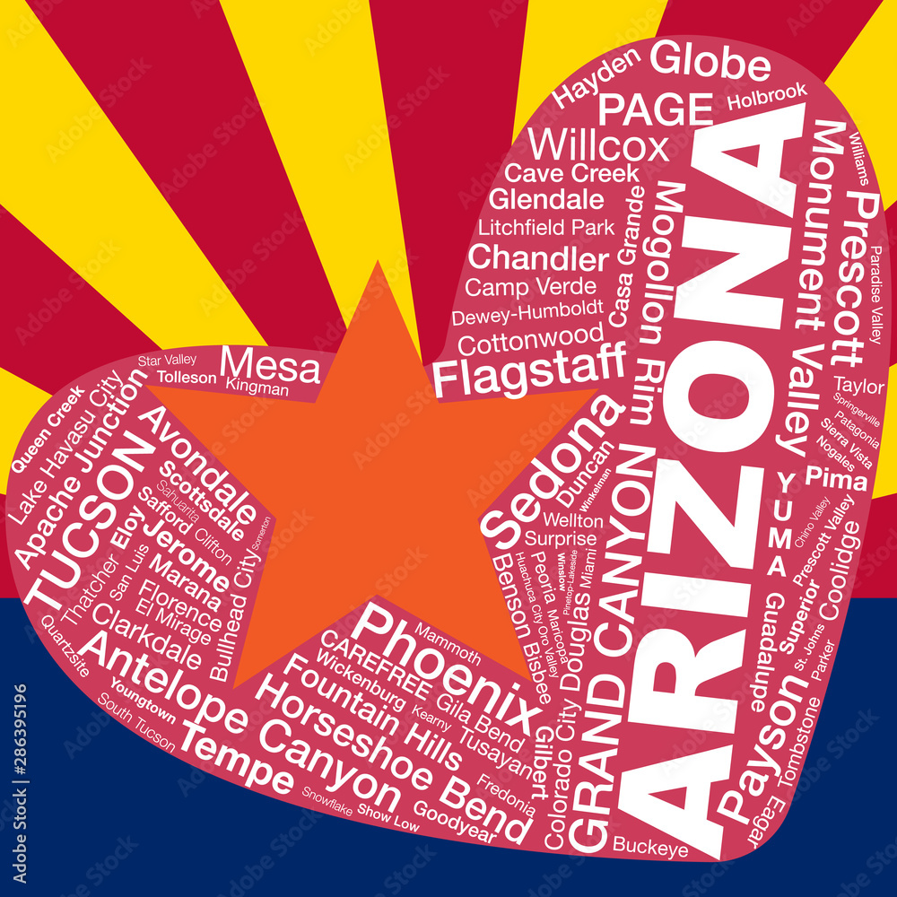 Arizona flag backdrop, major city names in tag/word cloud form on heart ...