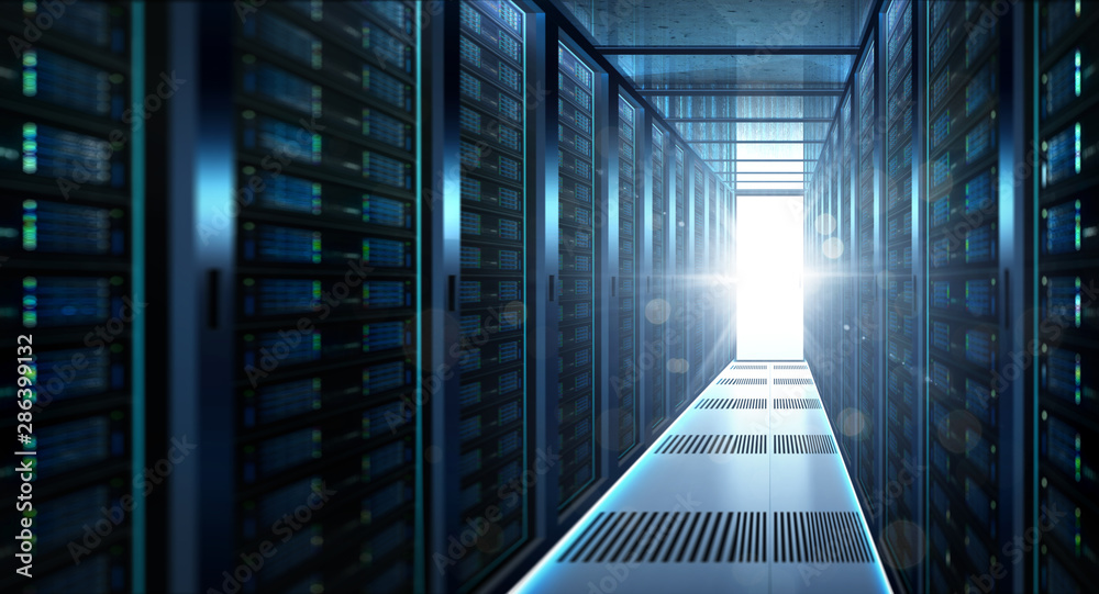 Big data center storage with full of rack servers and light flare ...