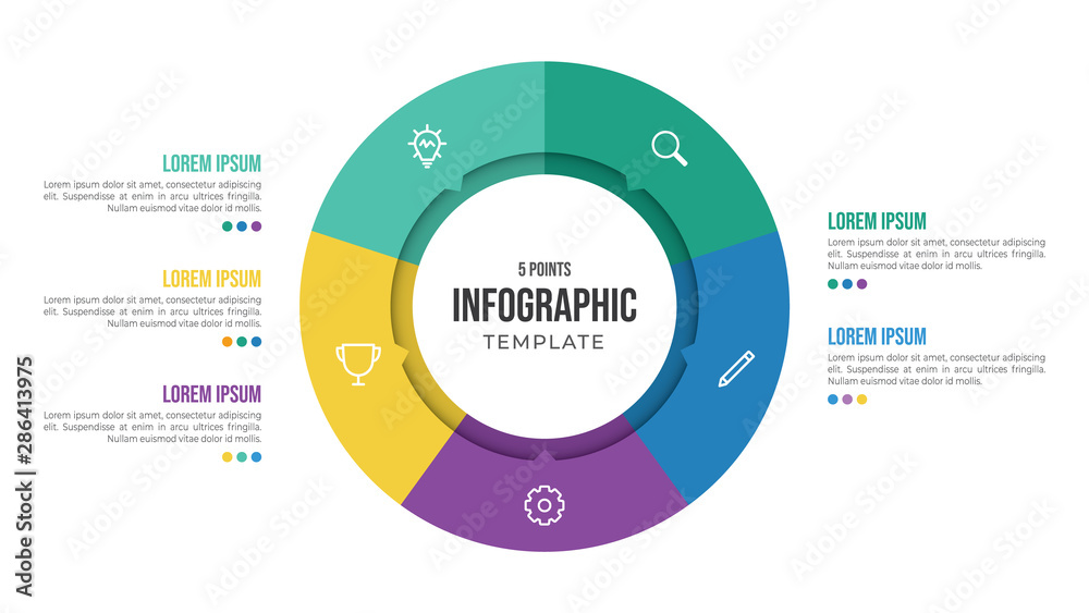 5 points circular infographic element template with icons and colorful ...