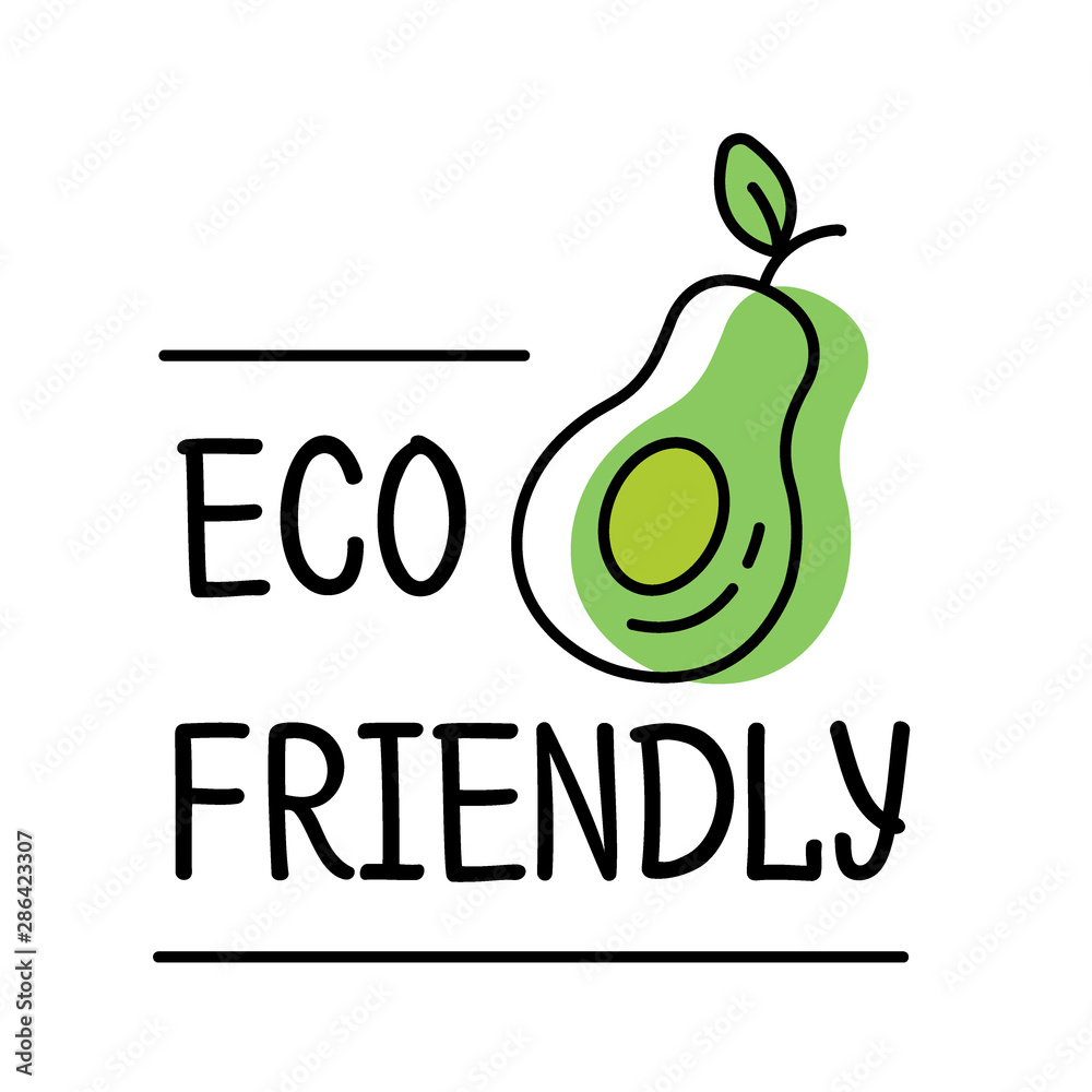 Eco friendly product label logo in line style with green avocado text ...