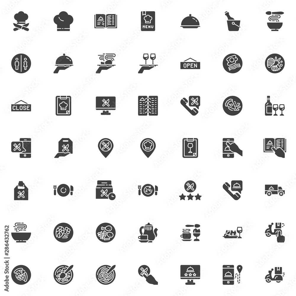 Restaurant food delivery vector icons set, modern solid symbol ...