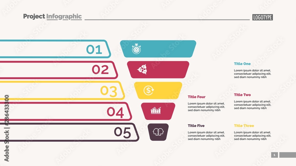 Funnel diagram with five steps. Process chart, slide template. Creative ...
