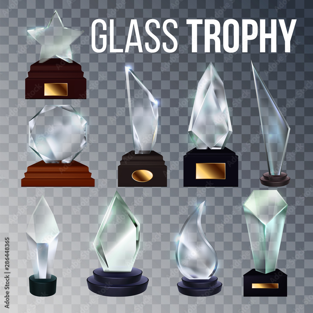 Different Form Collection Glass Trophy Set Vector. Glossy Award Trophy ...