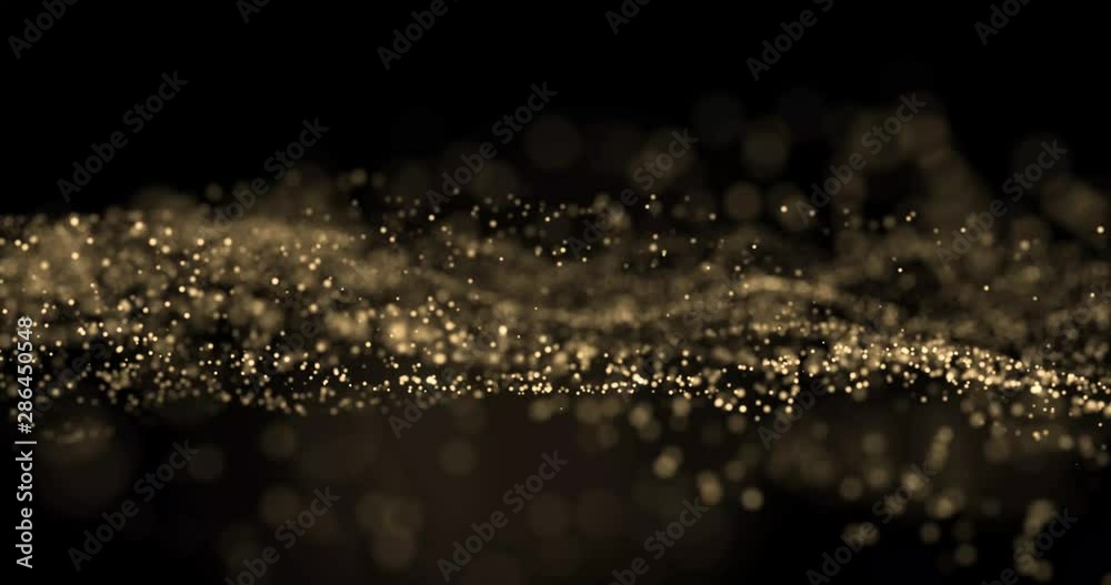 Golden glitter wave, sparkling light particles and glowing dust flow ...
