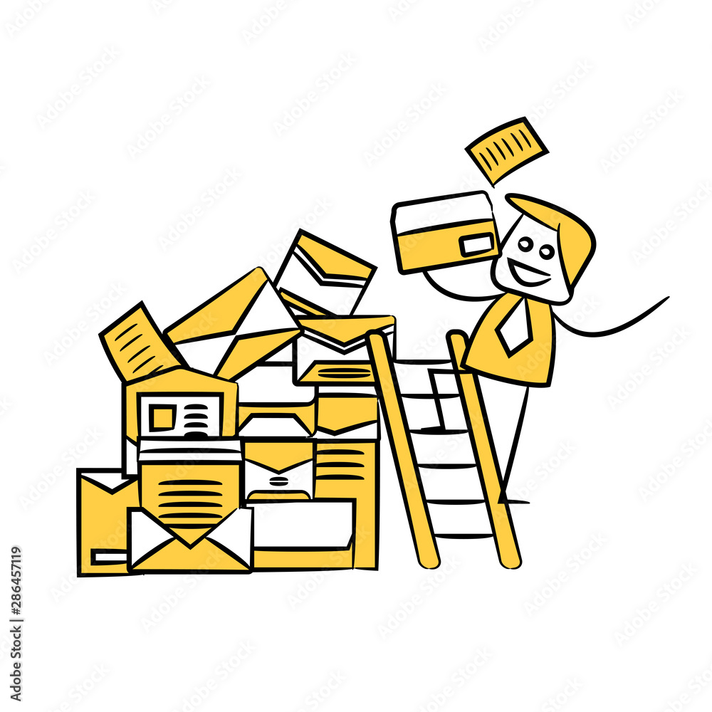 businessman on ladder and mails, documents yellow stick figure design ...