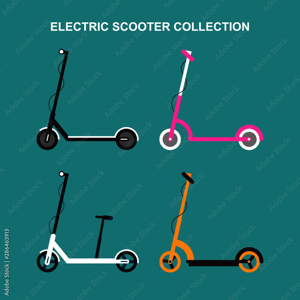Electric e-bikes and scooter collection in a flat style. Set of eco ...