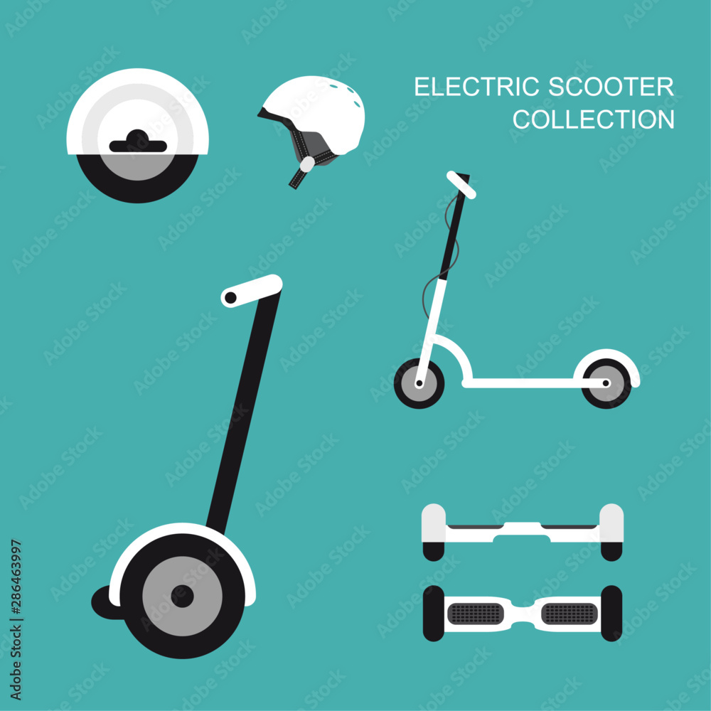 E-bikes and scooter collection in a flat style. Set of electric ...