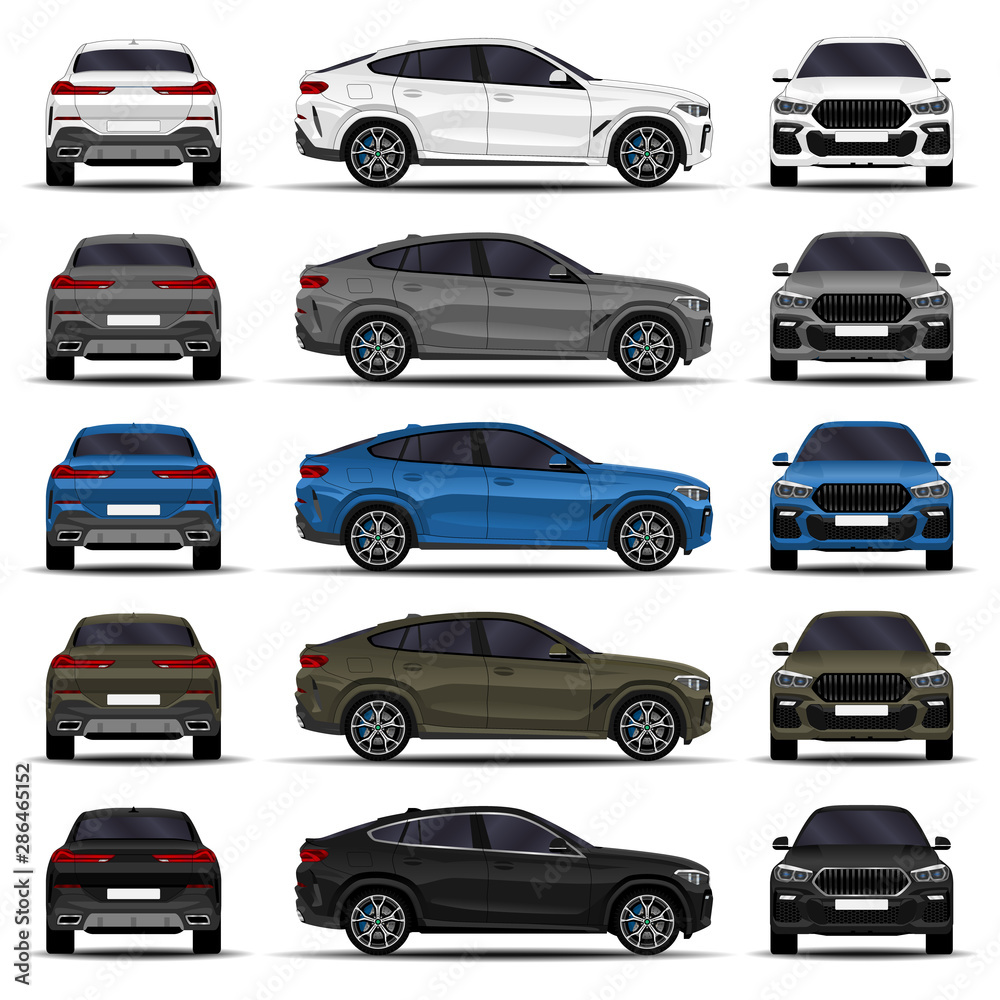 realistic SUV car. cars set. front view; side view; back view ...