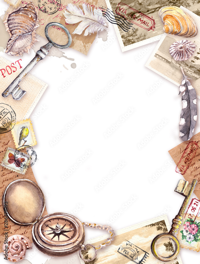 Vintage travel card, blank. Compass, hand written letters, old keys ...