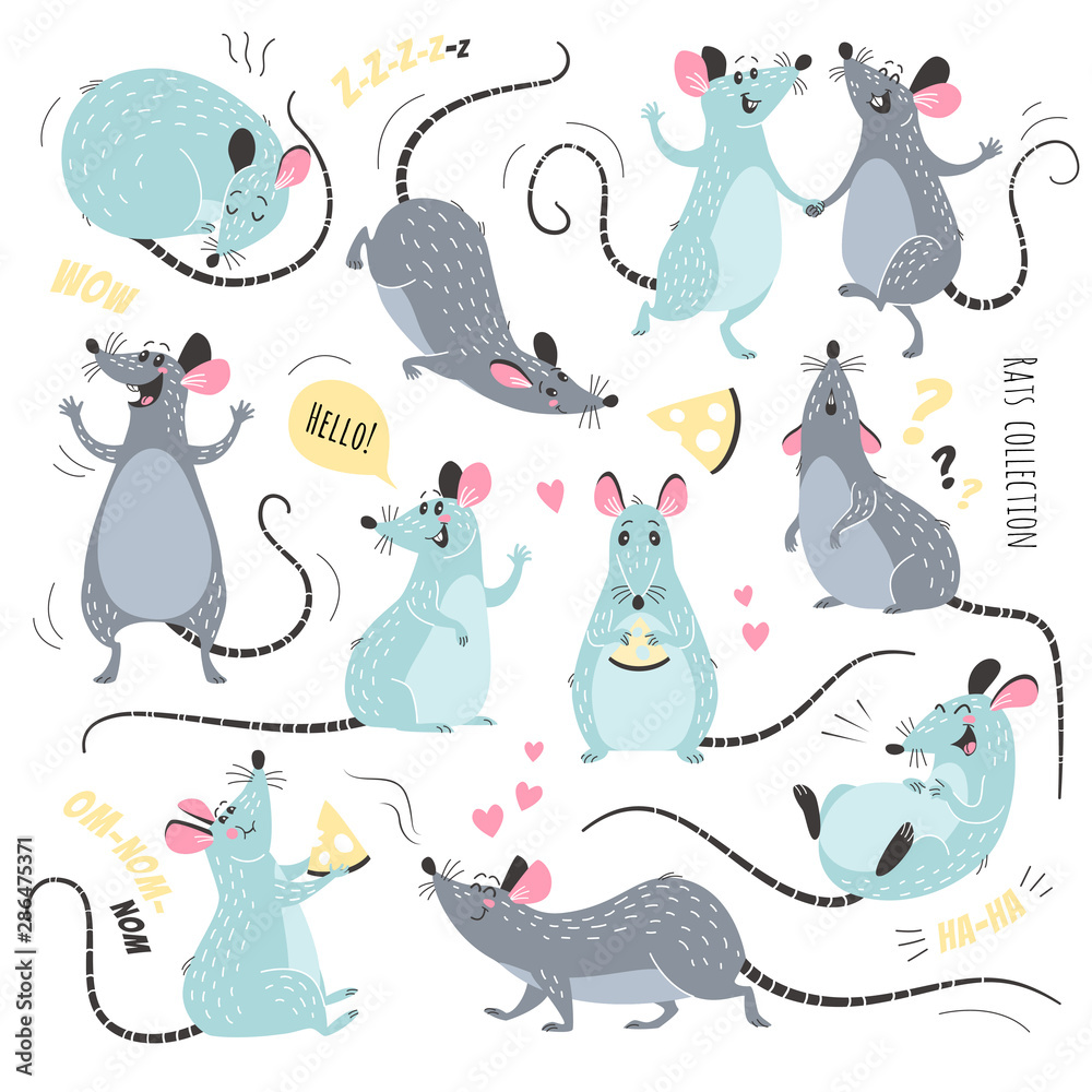Cartoon rats collection. Vector illustration of funny rats in various ...
