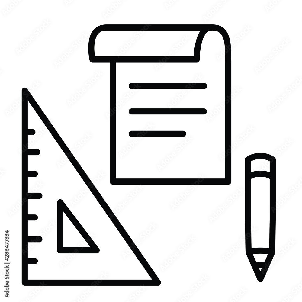 Black and white notes, pencil and ruler icon cartoon, simple line art ...